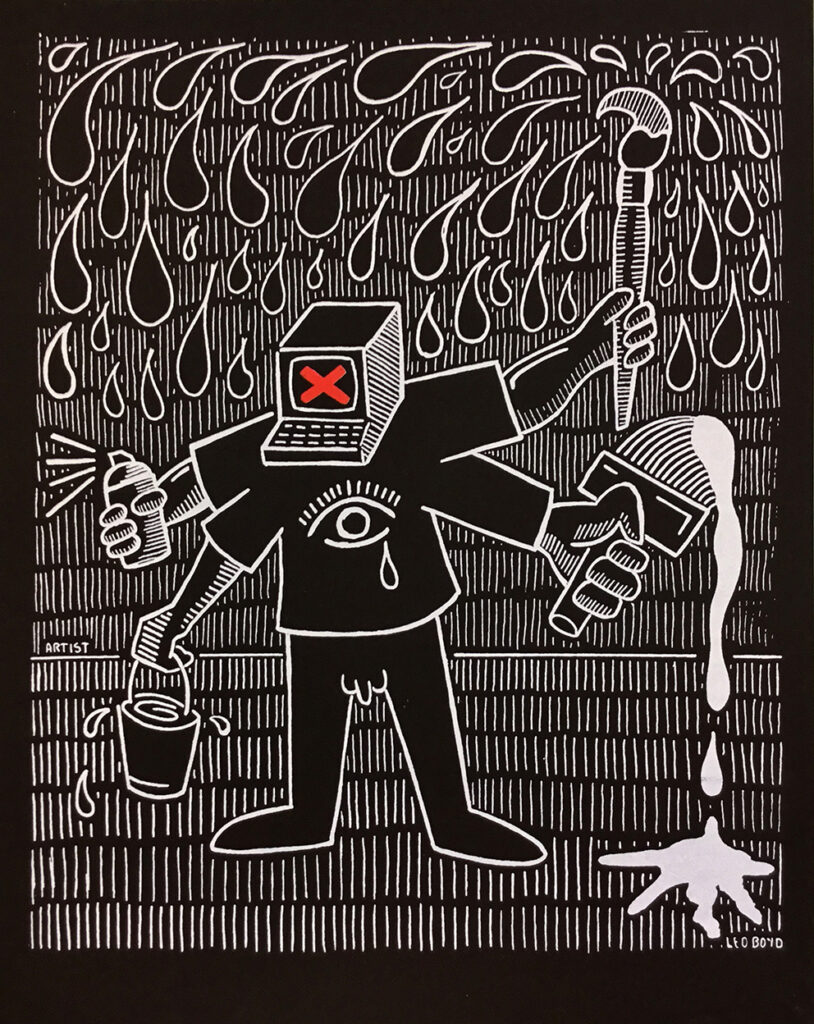 self portrait with spray can paint brush bucket and paste brush • Leo Boyd